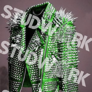 New Mens Full Green Punk Silver Long Spiked Studded Leather Brando ...