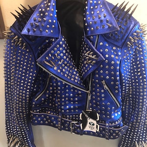 Steampunk Women's Magnificent Luxury Blue Studded Leather Jacket ...