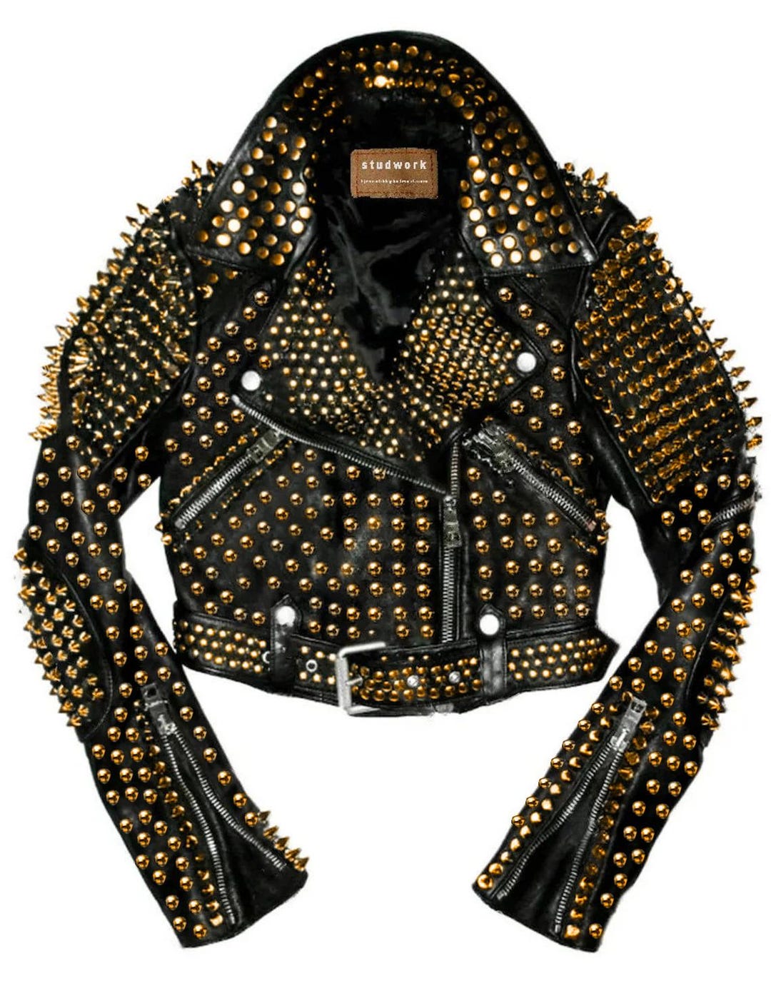 Women's Golden Biker Jacket With Studded Dome & Tree Spikes – Leather ...