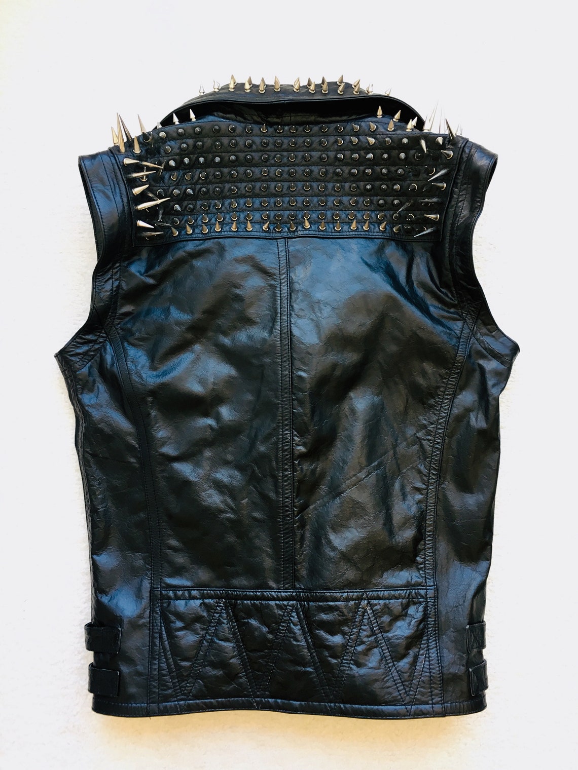 VEST JACKET HANDMADE Men Black Punk Silver Long Spiked Studded Leather ...