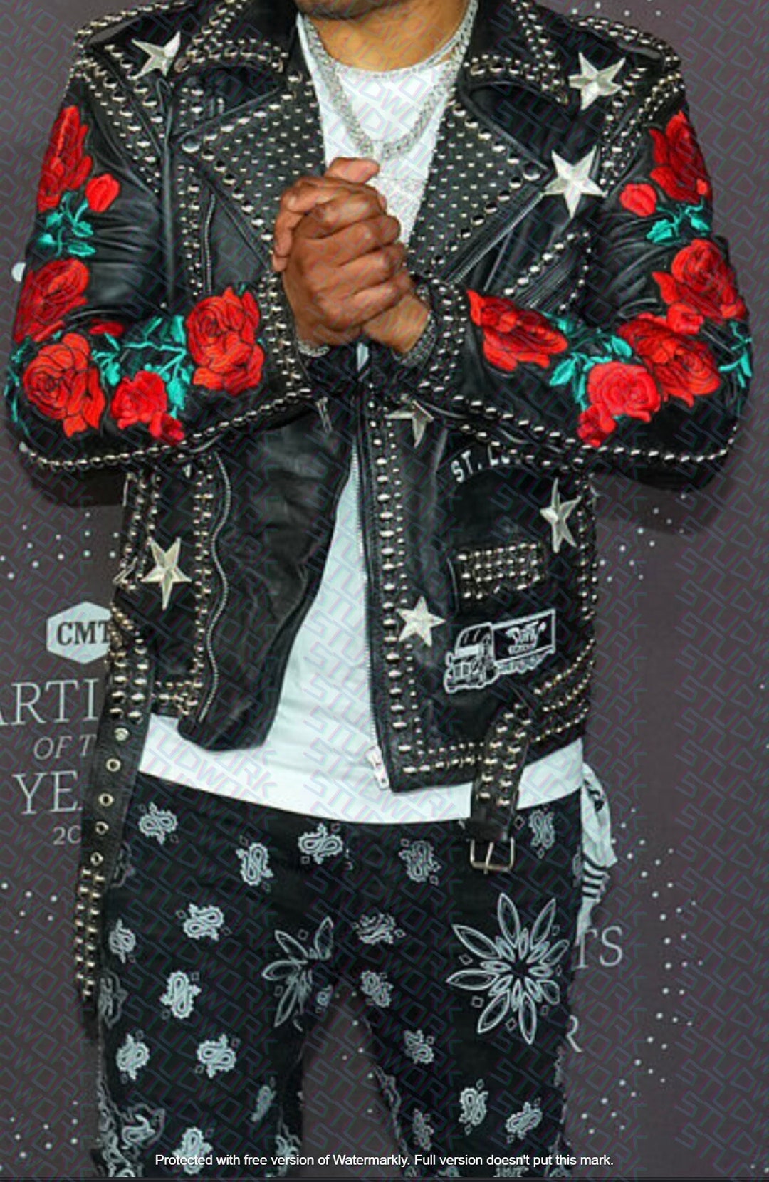 Motorcycle Brando Men's Punk Flower Patches Fashion Premium Leather ...