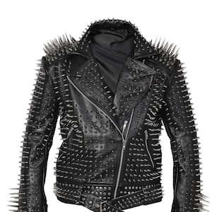 Men SPIKED Studded BLACK Leather Jacket Brando Full Steampunk Rocker ...
