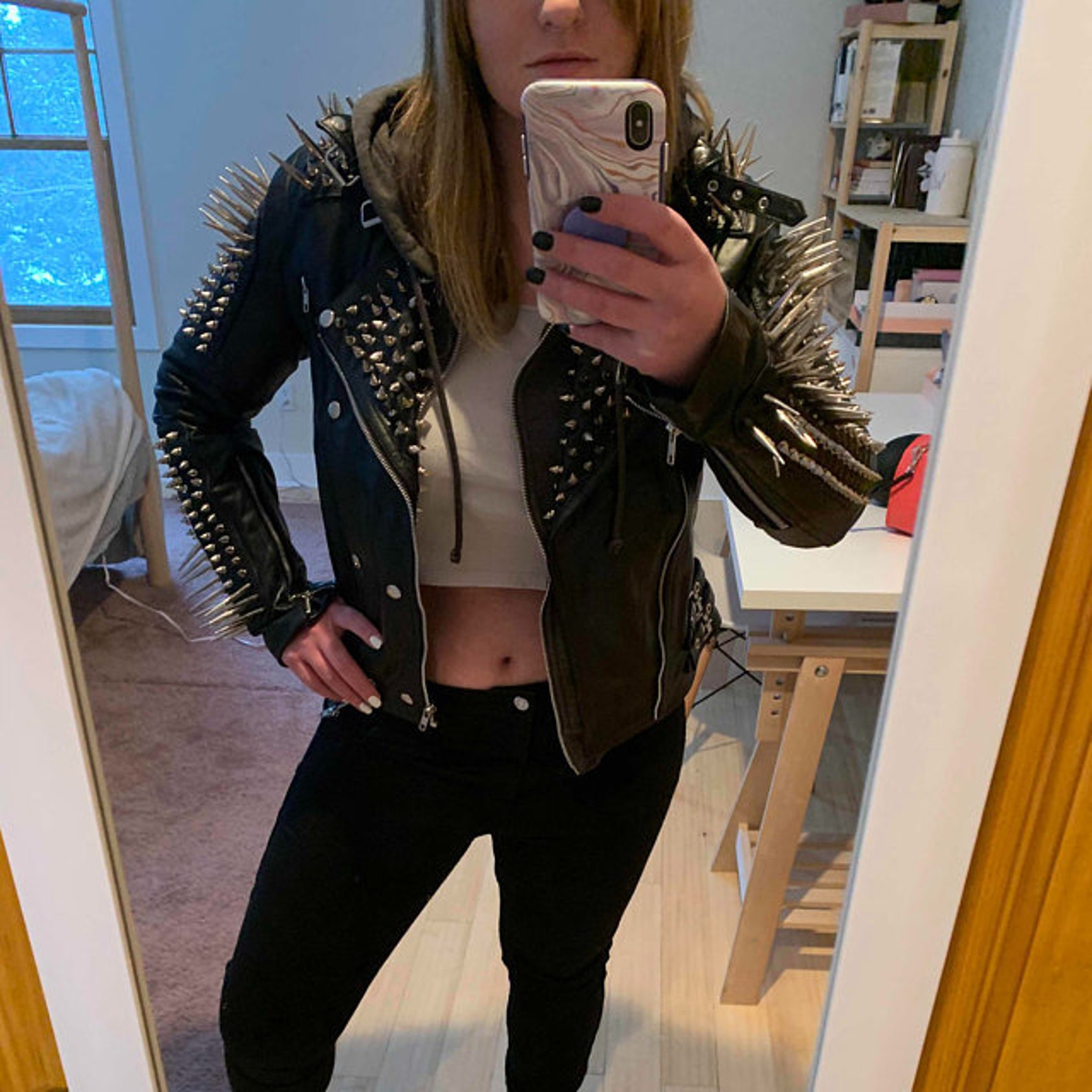 Studded Leather Jacket Women Handmade Full Black Punk Silver Long ...