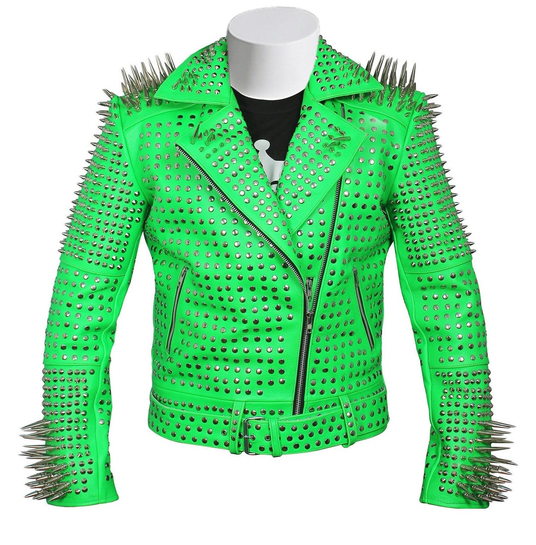 Men Green Studded Steam Punk Rockers Leather Brando Jacket - Etsy