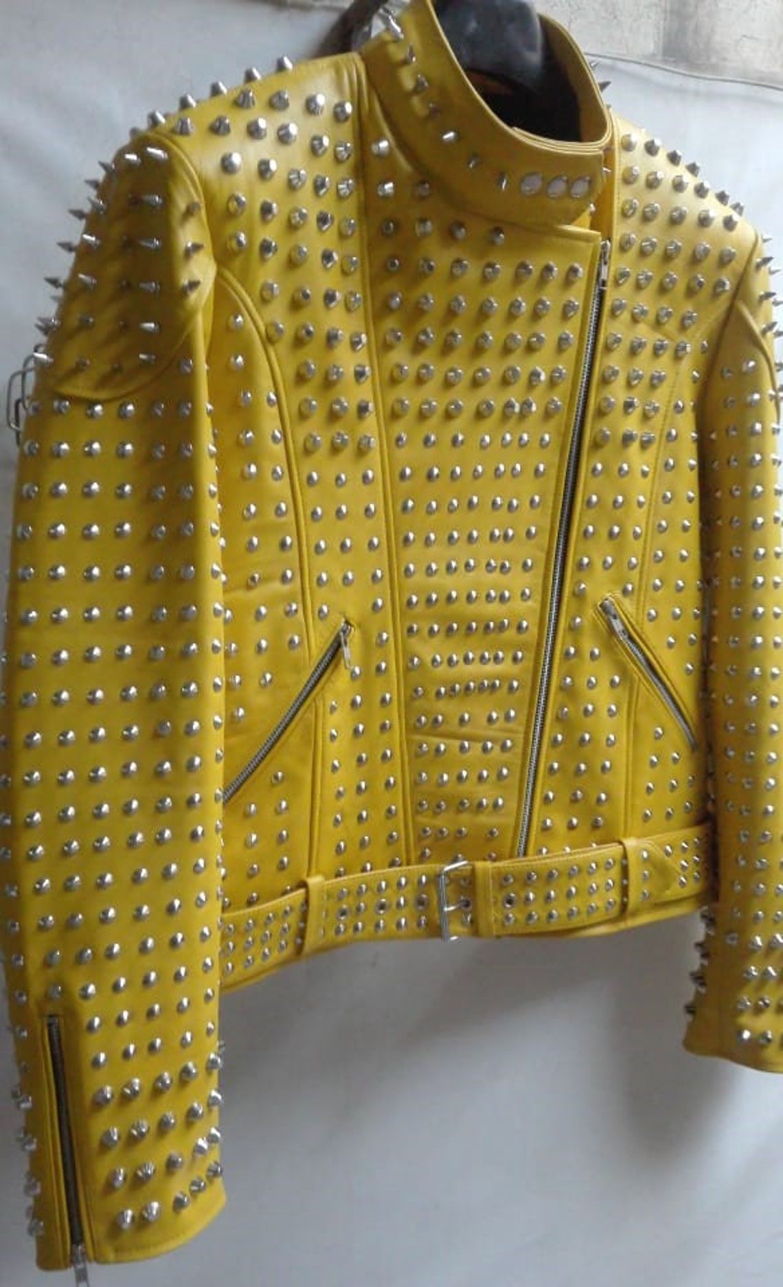 Yellow Studded Jacket Customized Handmade Biker Leather - Etsy Canada