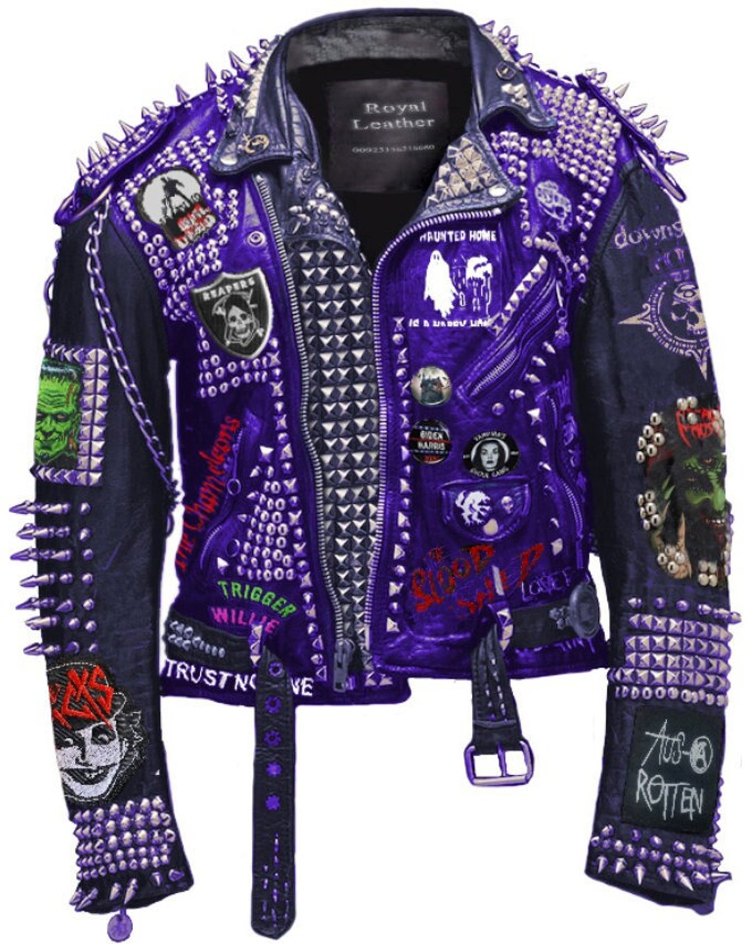 Rivets Men's Blue Studded Leather Jacket With Frankenstein Patch Unique ...