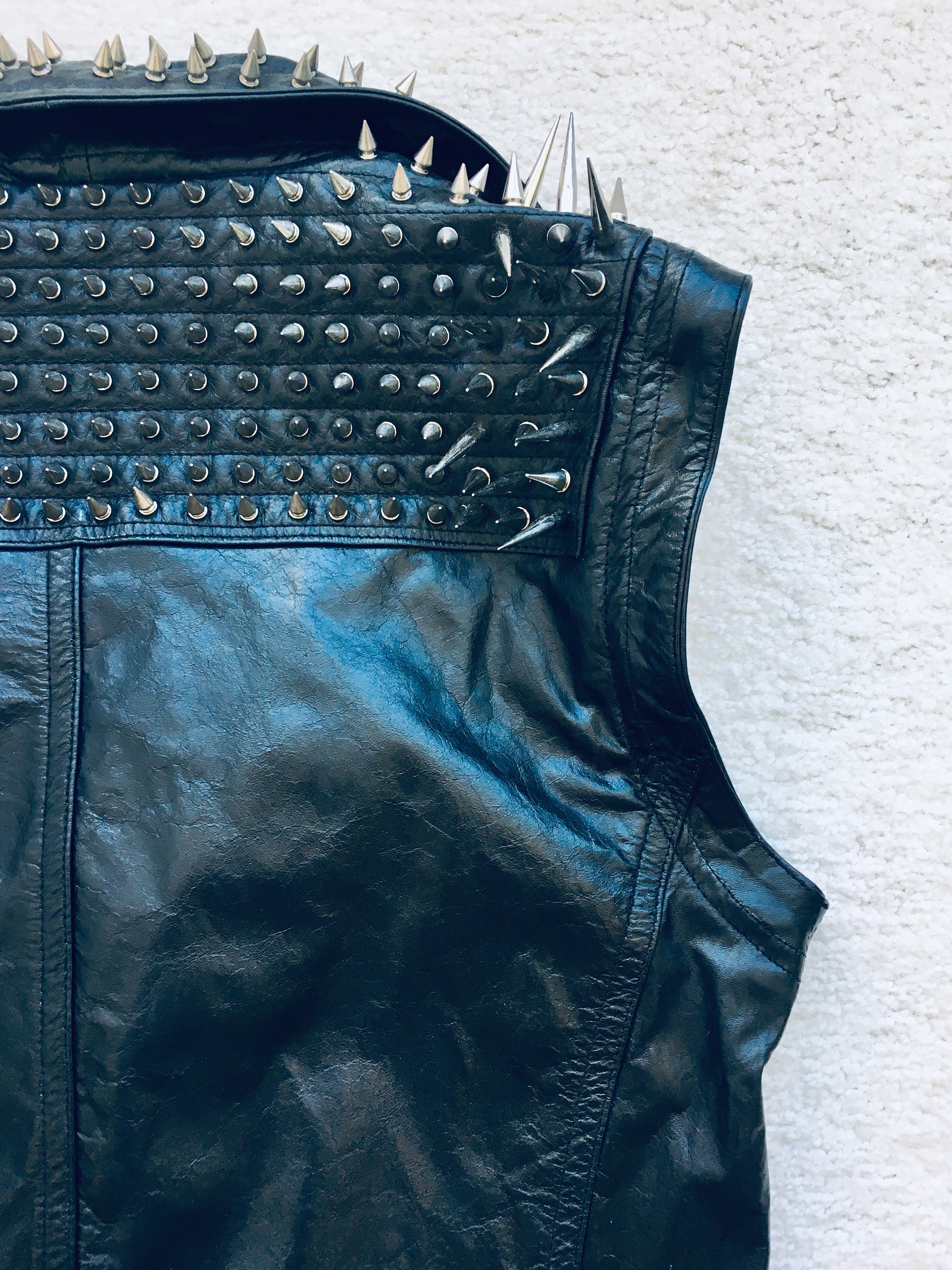 VEST JACKET HANDMADE Men Black Punk Silver Long Spiked VEST JACKET HANDMADE Men Black Punk Silver Long Spiked