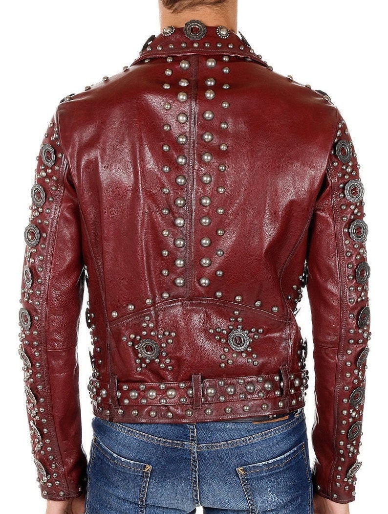 Rocker Studded Jacket Genuine Leather Maroon Red Gunmetal - Etsy