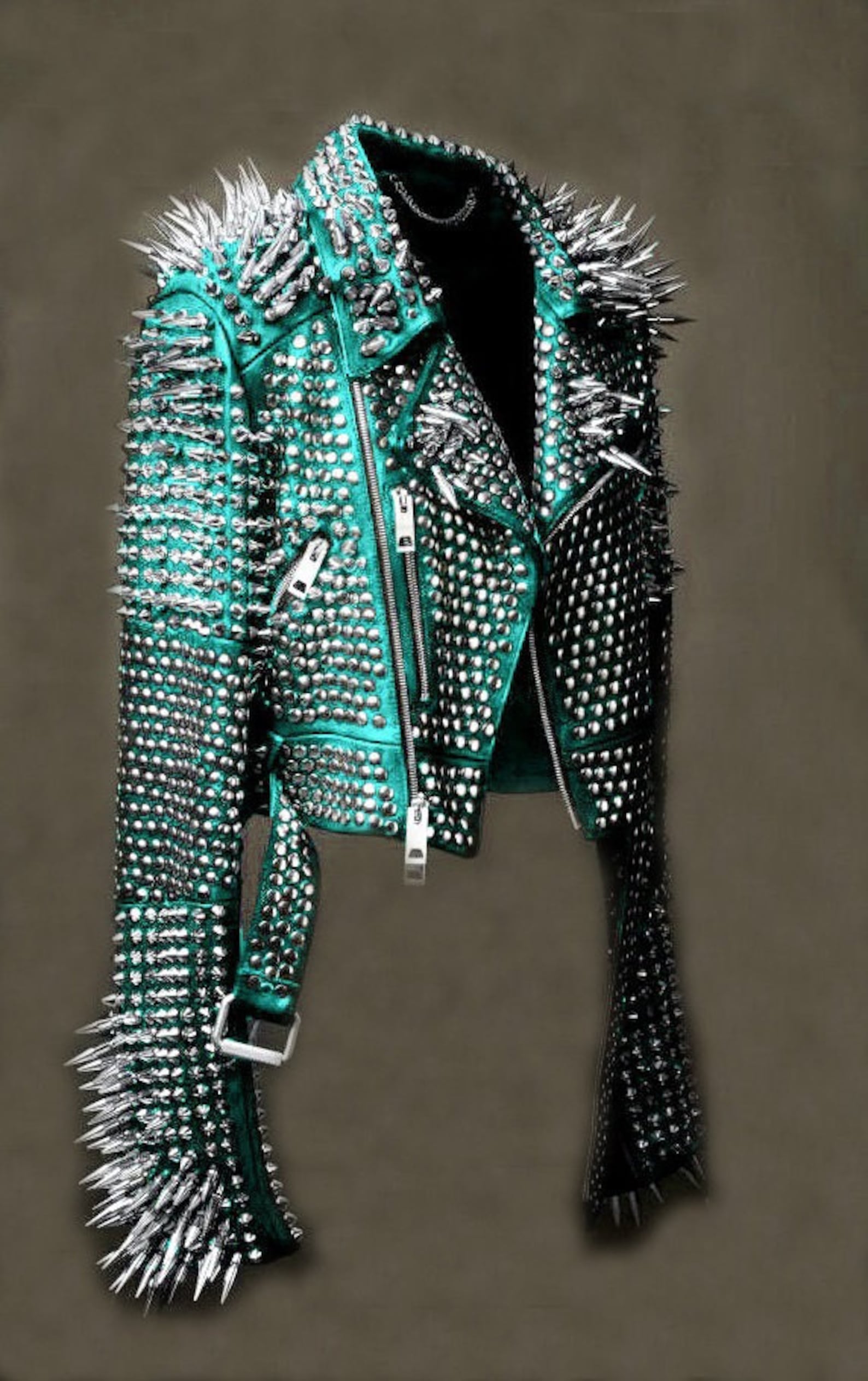 Women Turquoise Blue High Res Spiked Studded Leather Jacket - Etsy