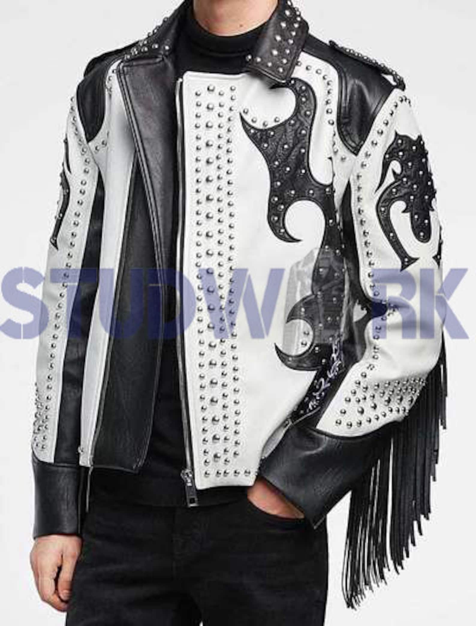 Two Tone Black Leather Jacket, White Cont Genuine Fringe Jacket ...