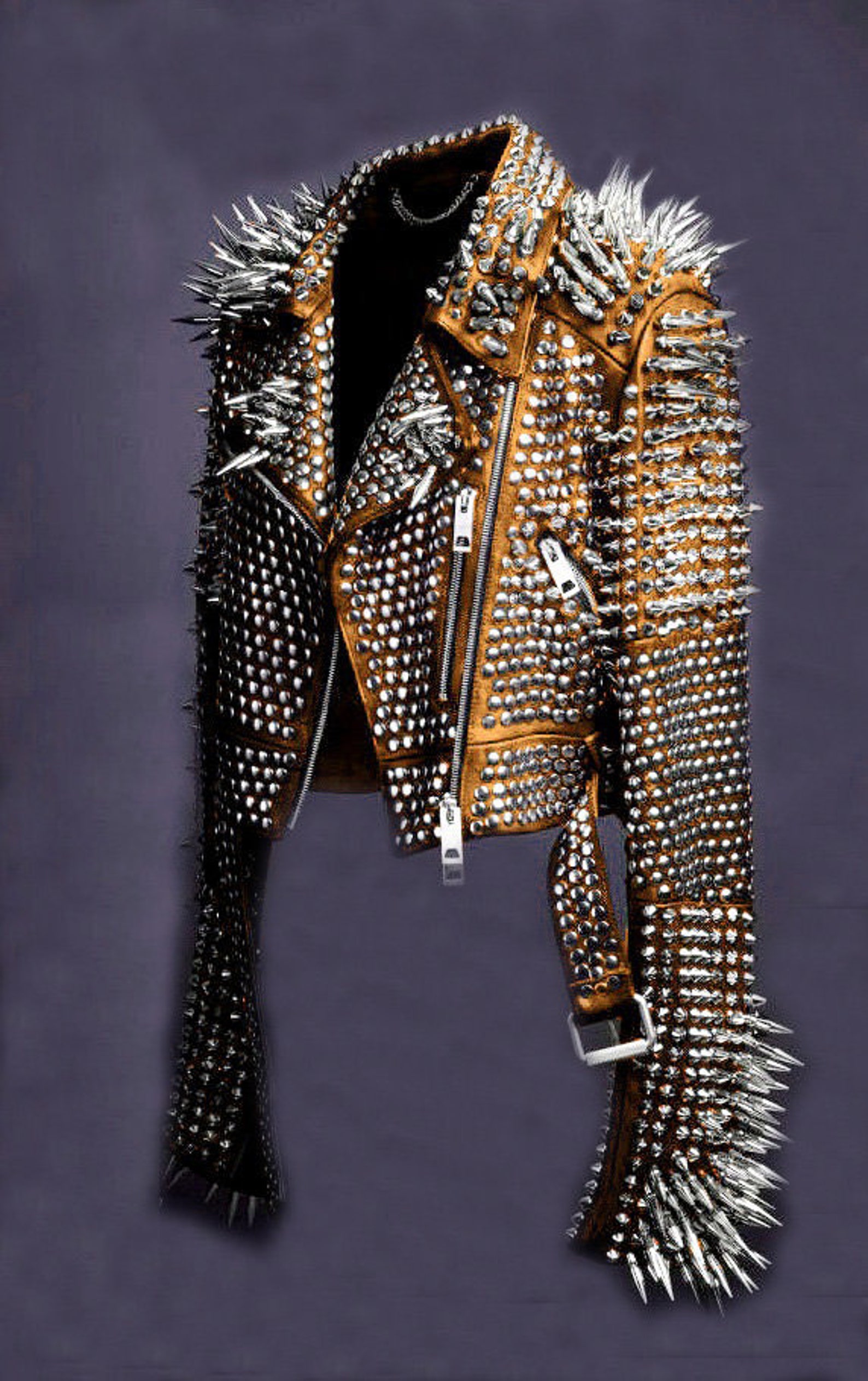 Men's Studded Leather Jacket - Steampunk Orange Spiked Gothic Rocker ...