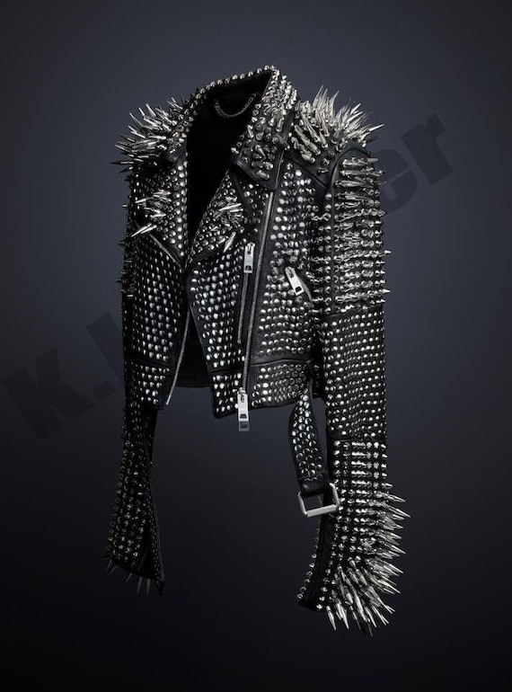 New Mens Full Black Punk Silver Long Spiked Studded Leather - Etsy