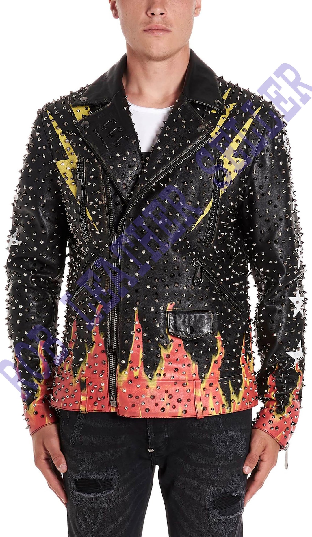 Fire Flame Design Jacket, Customized Black Brando Leather Jacket, Fire ...