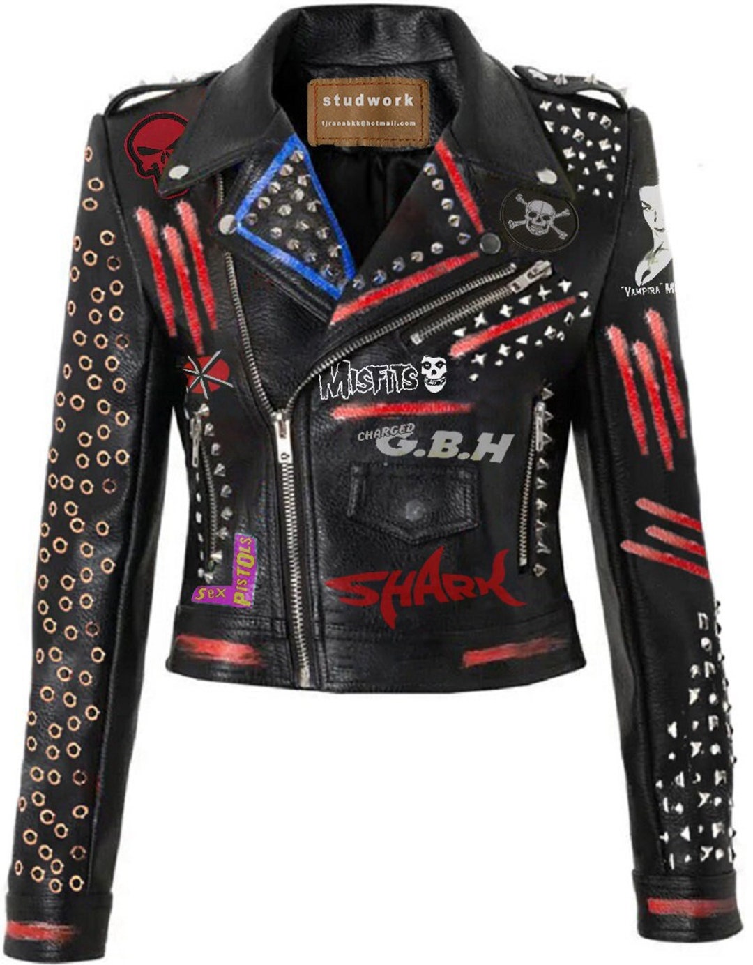 Biker's Gothic Leather Patches Outfit, Women's Misfit Punk Rock Jacket ...