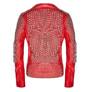 Men Silver Studded Jacket Red Punk Silver Long Spiked Red Leather Biker ...