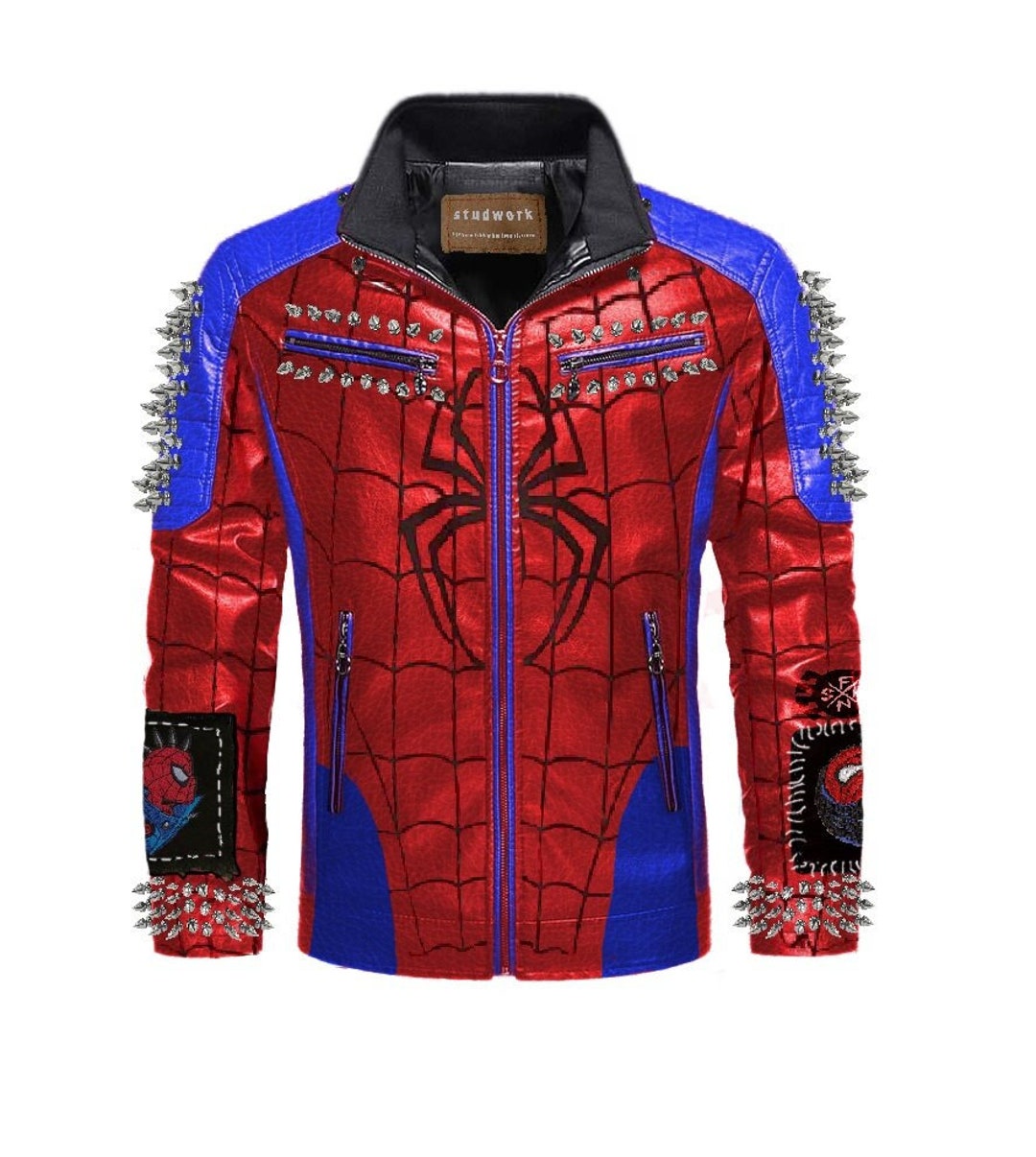 Spider-man Cobweb Jacket, Cowhide Leather Men, Handmade Studded Fashion ...