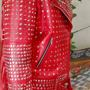 Men Handmade Silver Studded Red Fringed Leather Jacket - Etsy