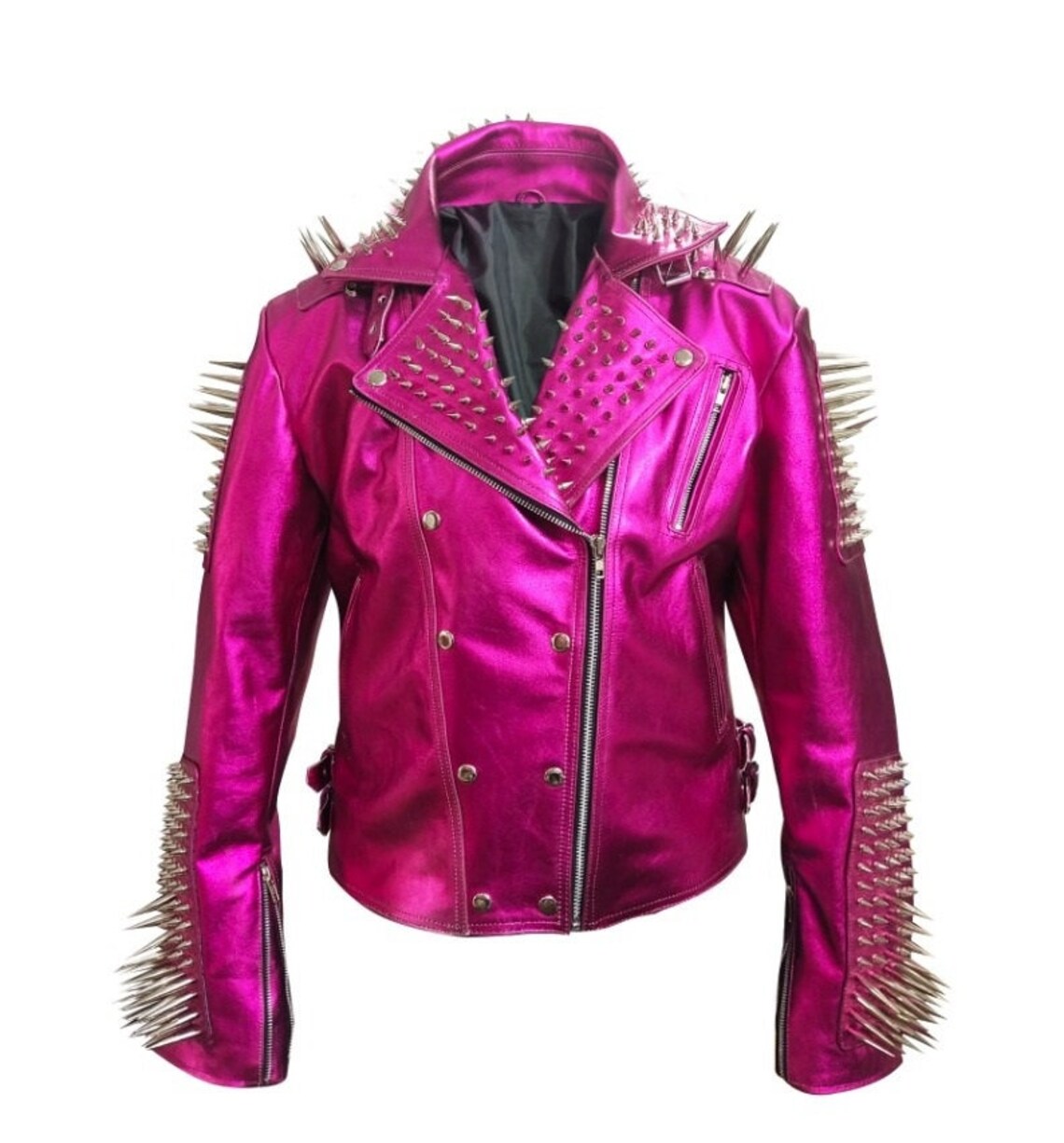 Heavy Motorbike Long Spiked Jacket Handmade Pure Leather Pink - Etsy
