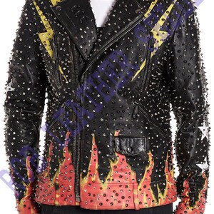 Fire Flame Design Jacket, Customized Black Brando Leather Jacket, Fire ...