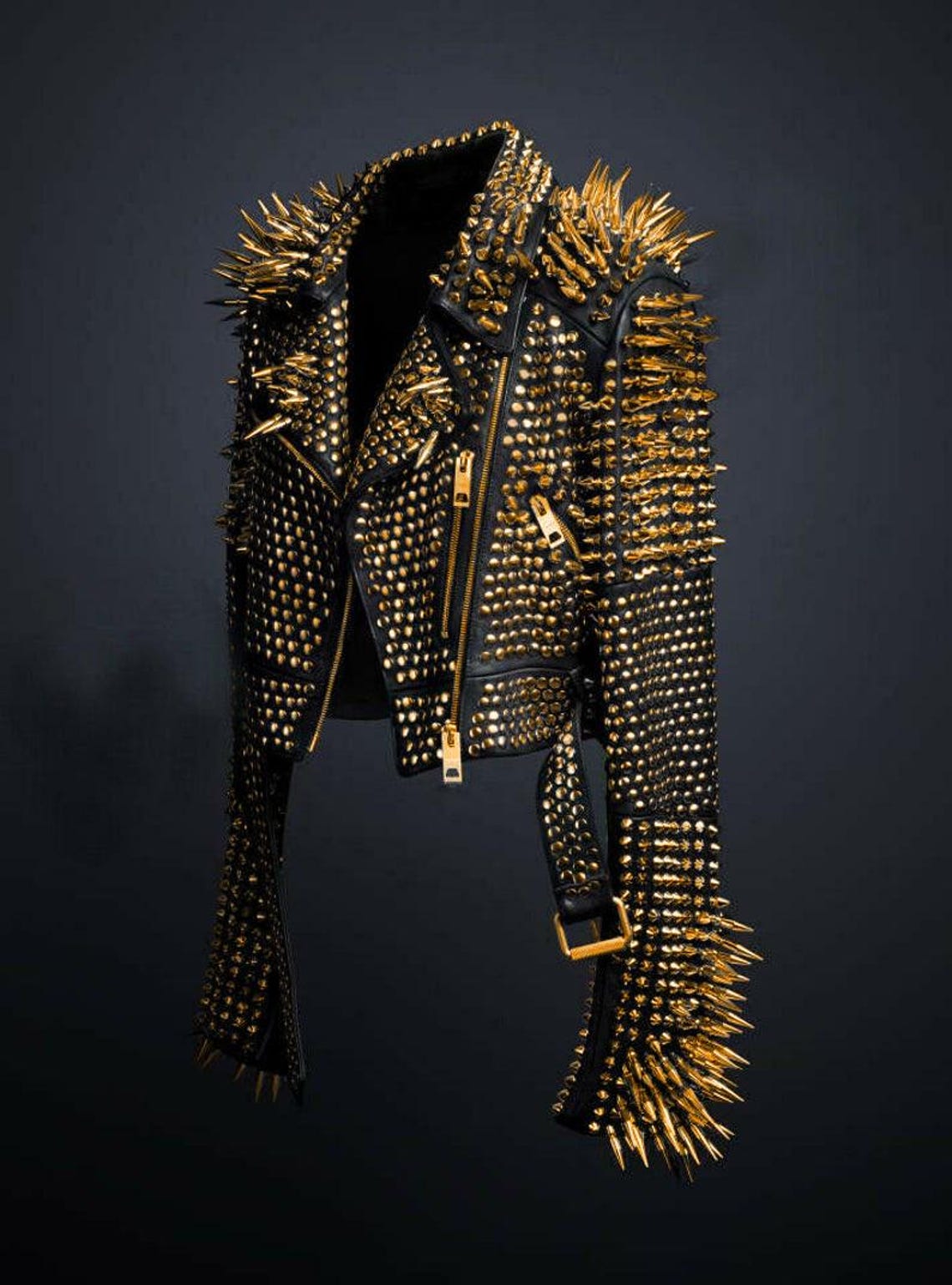 Men’s Gangster Punk Leather Jacket – Golden Spiked Brando Style With ...