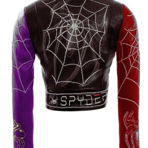 Women Cobweb Studded Leather Jacket, Spider Web Multicolor Leather ...