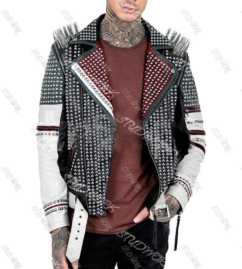 Innovative Men Studded Leather Jacket Multi Color Belted | Etsy