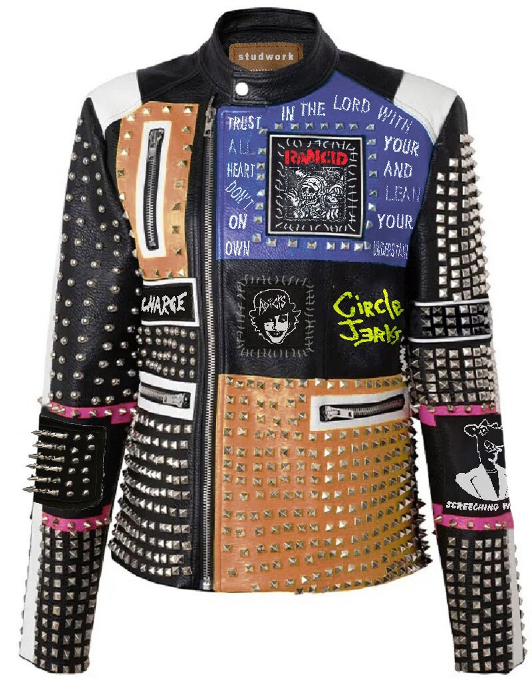 Multicolor Studwork Pyramid Gothic, Handmade Patchwork Jacket, Rancid ...