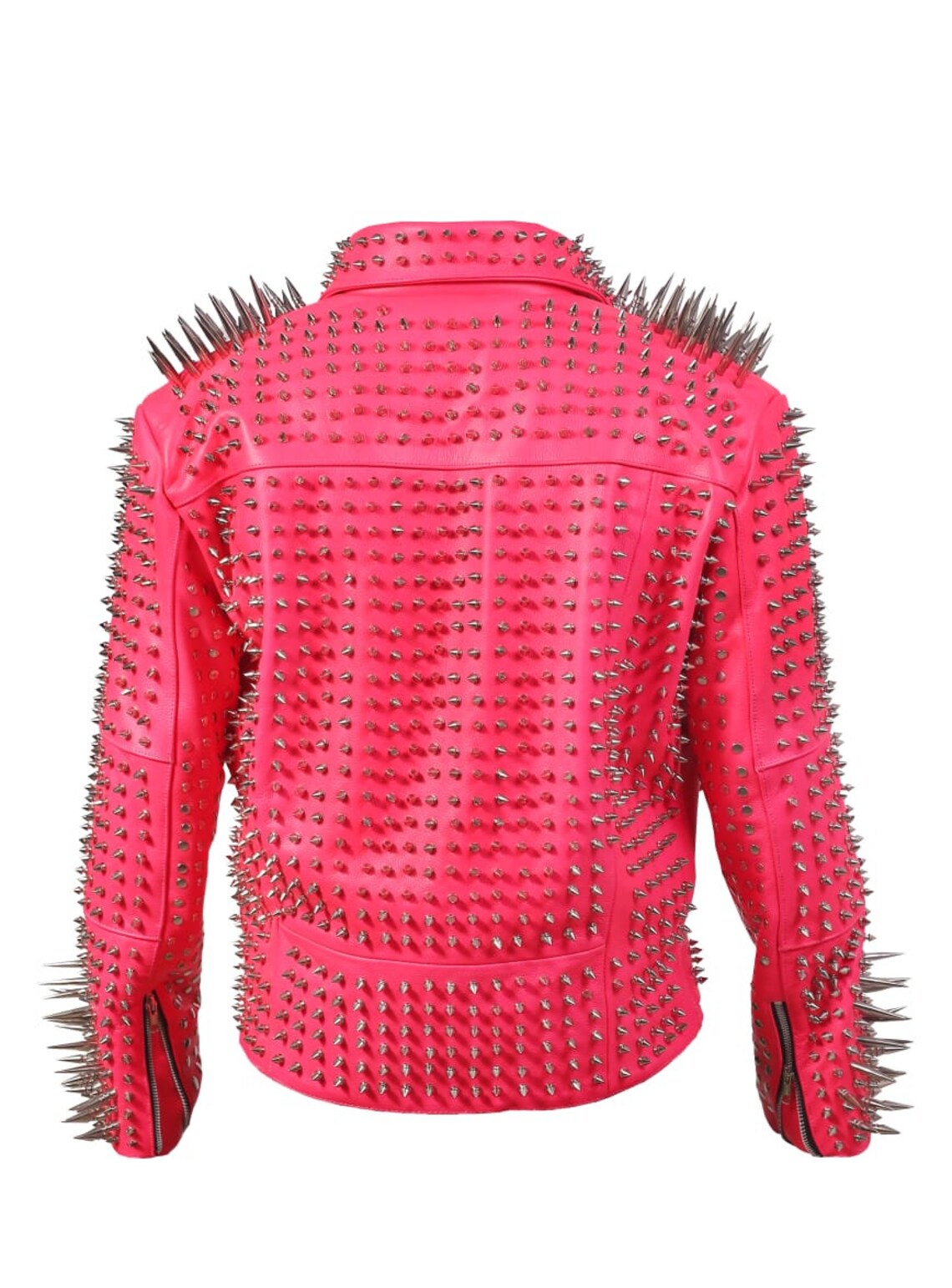 Men's Full SPIKED Punk Silver Long Spike Studded PINK Leather Brando ...