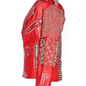 Men Silver Studded Jacket Red Punk Silver Long Spiked Red Leather Biker ...