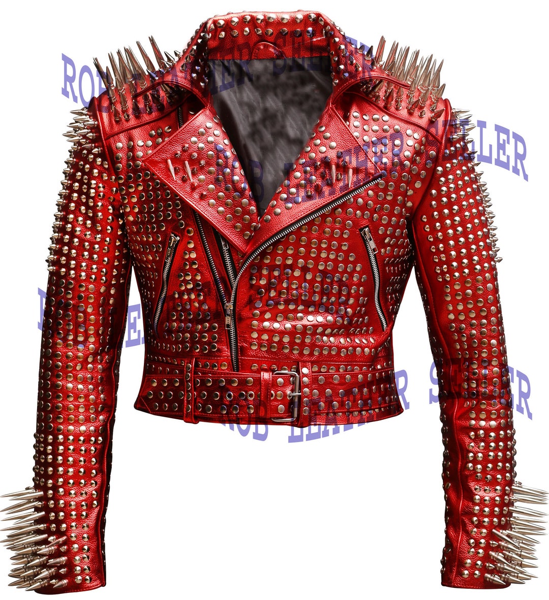 Customize Red Brando Belted Leather Jacket Silver Spike Studded Leather ...