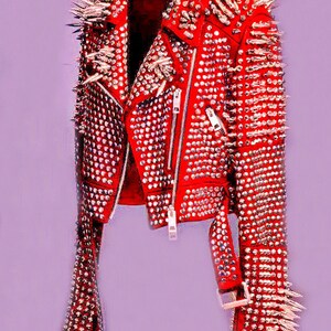 Women Red Spiked Jacket, Red Studded Leather Jacket, Women Spiked Steam ...