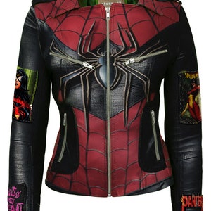 Spider Women Black Red Jacket, Patches Cow Leather, Fashion Biker's ...