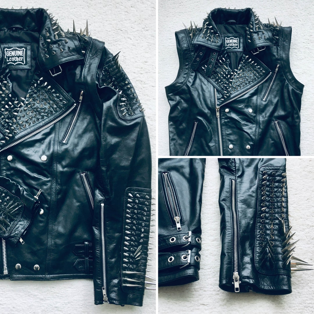 HANDMADE Long Spiked Studded Leather Jacket and Vest Two in One ...