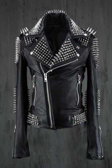 HANDMADE Men Black Punk Silver Long Spiked Studded Leather Buttons up ...