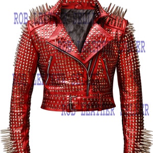 Customize Red Brando Belted Leather Jacket Silver Spike Studded Leather ...