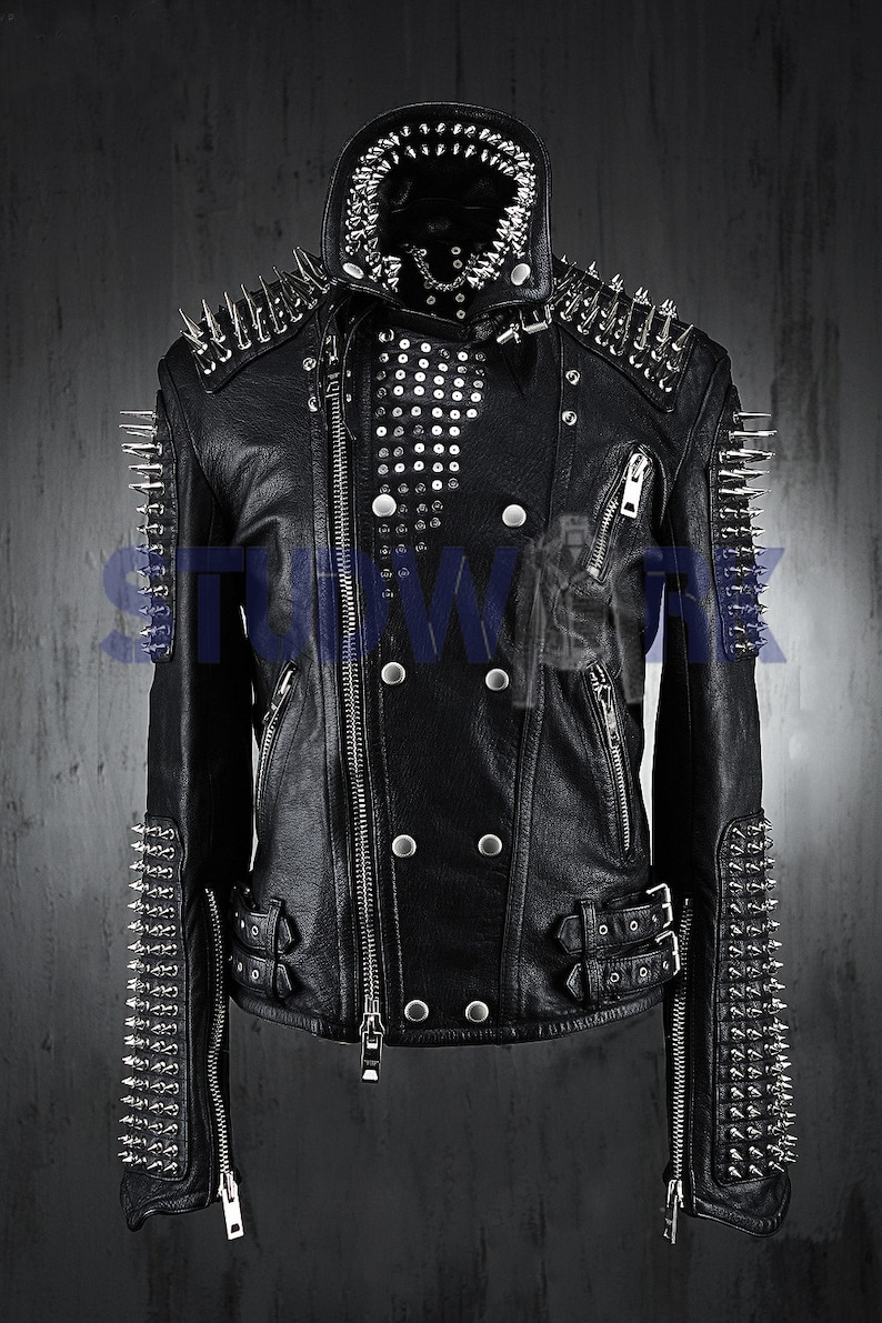 Studded Button Jacket, Silver Spike Shoulders Jacket, Spiked Collar ...