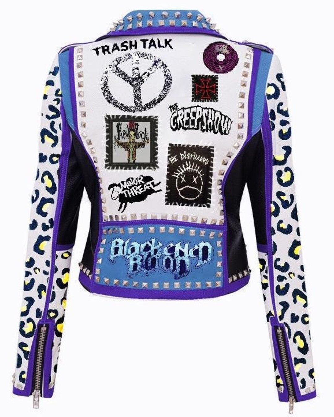 Women's Purple Multi-color Cheetah Print Patchwork Jacket, Studded ...