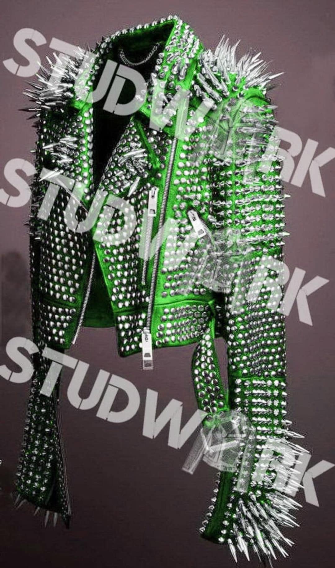 New Mens Full Green Punk Silver Long Spiked Studded Leather Brando ...