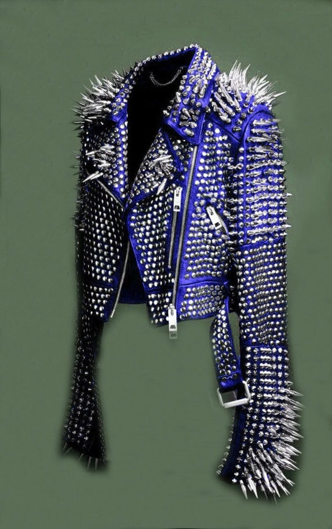 New Mens Full Blue Punk Silver Long Spiked Studded Leather Brando ...