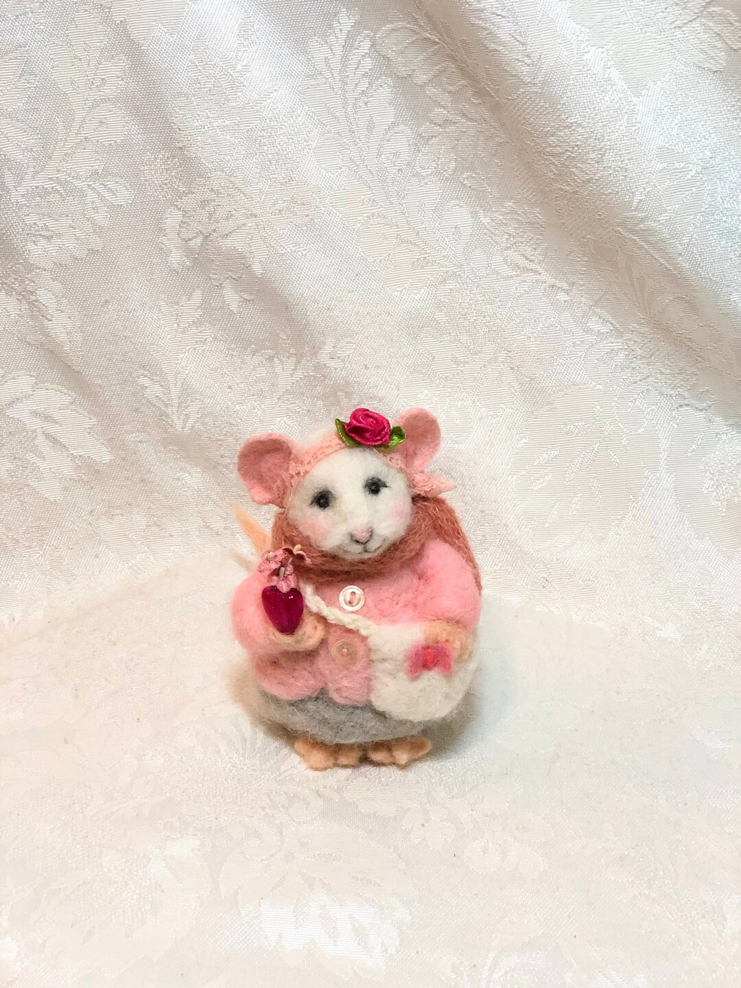 4 Mouse Girl in Pink Coat, Pink-cheeked Needle Felted Wool Mouse Art ...