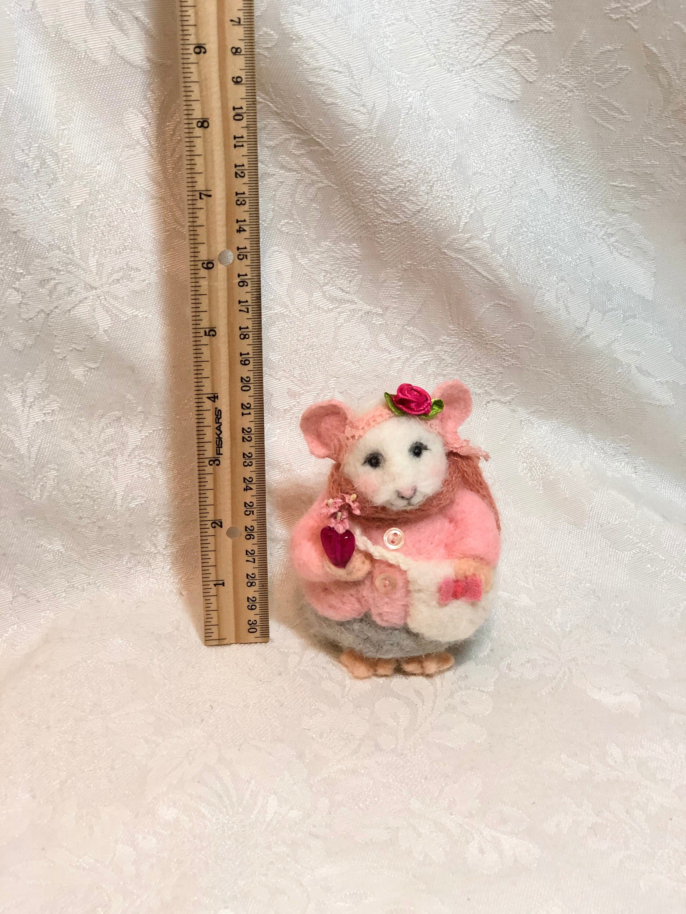 4 Mouse Girl in Pink Coat, Pink-cheeked Needle Felted Wool Mouse Art ...