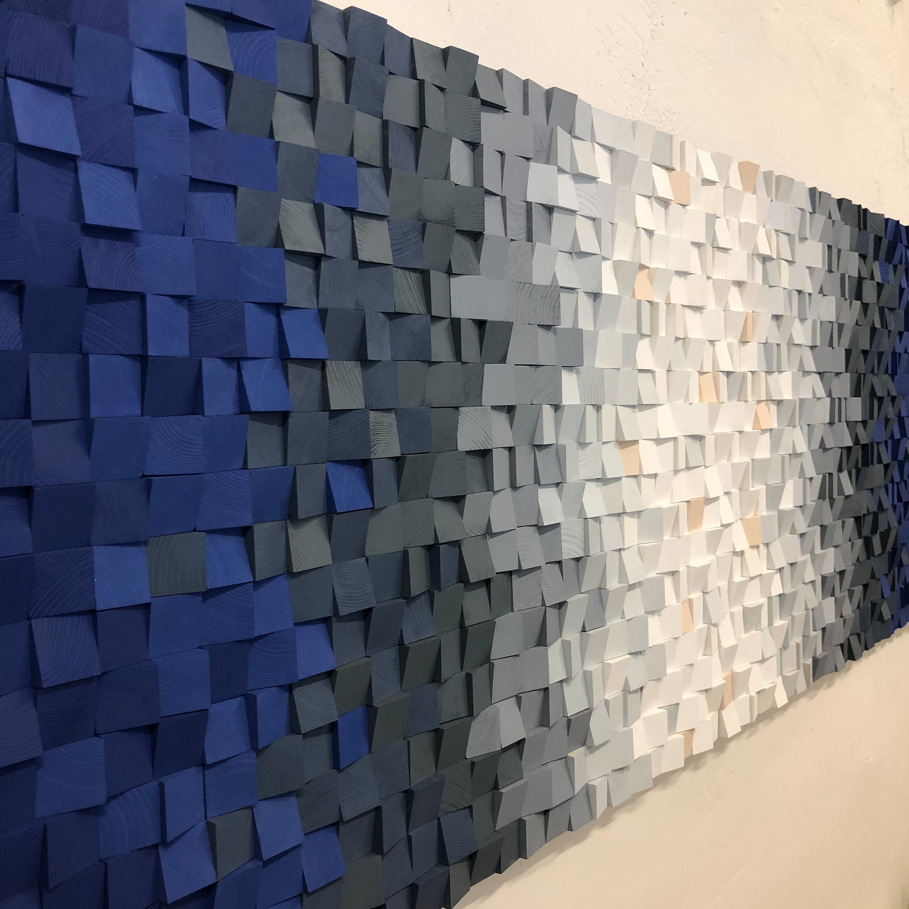 Large Wooden Blue Wall Sound Diffuser Panel Art STORMY, 3d Mosaic Wood ...