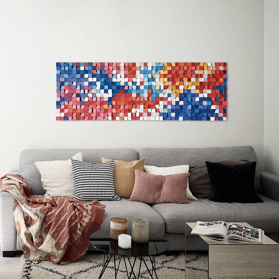 Reclaimed Wood Acoustic Wall Panel Art abstract, Large Geometric Ombre ...