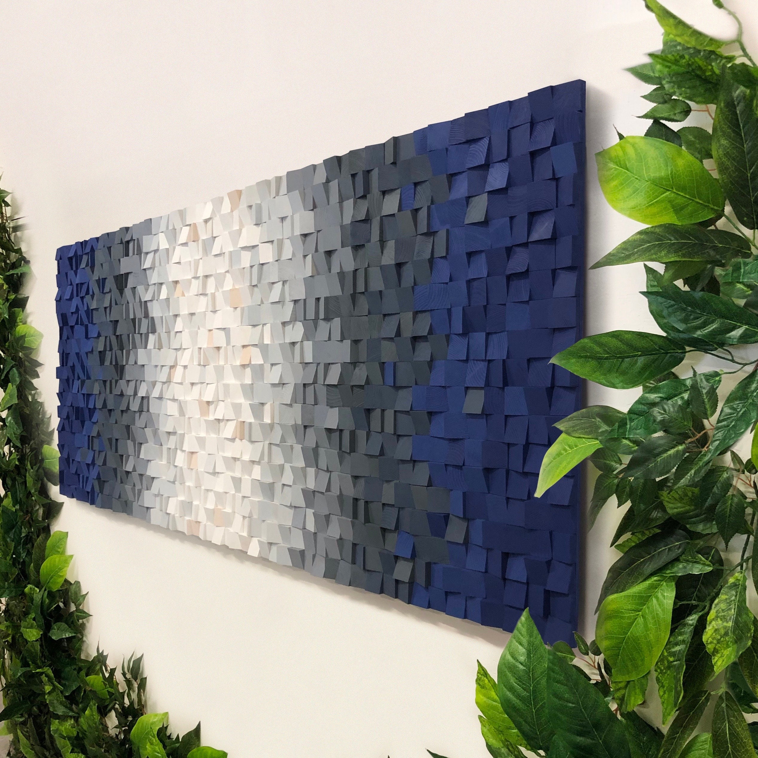 Large Wooden Blue Wall Sound Diffuser Panel Art STORMY, 3d Mosaic Wood ...