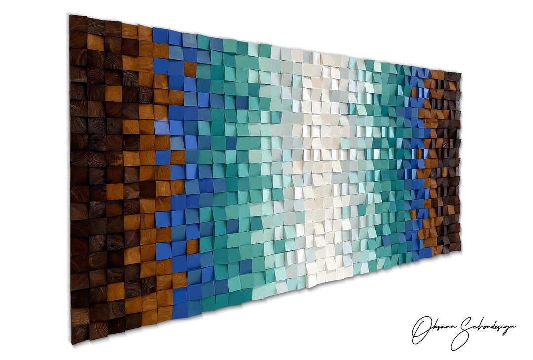 Navy Blue Wood Wall Sound Diffuser Acoustic Art Panel, 3D Mosaic Wood ...