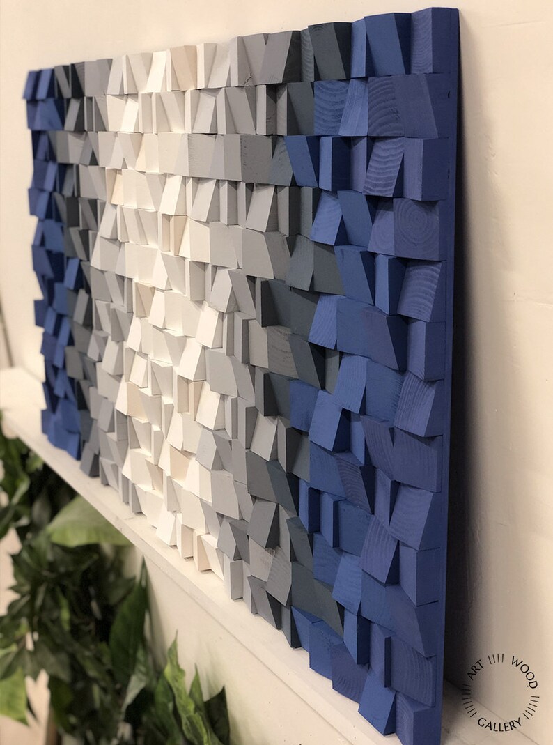 Large Wooden Blue Wall Sound Diffuser Panel Art STORMY, 3d Mosaic Wood ...