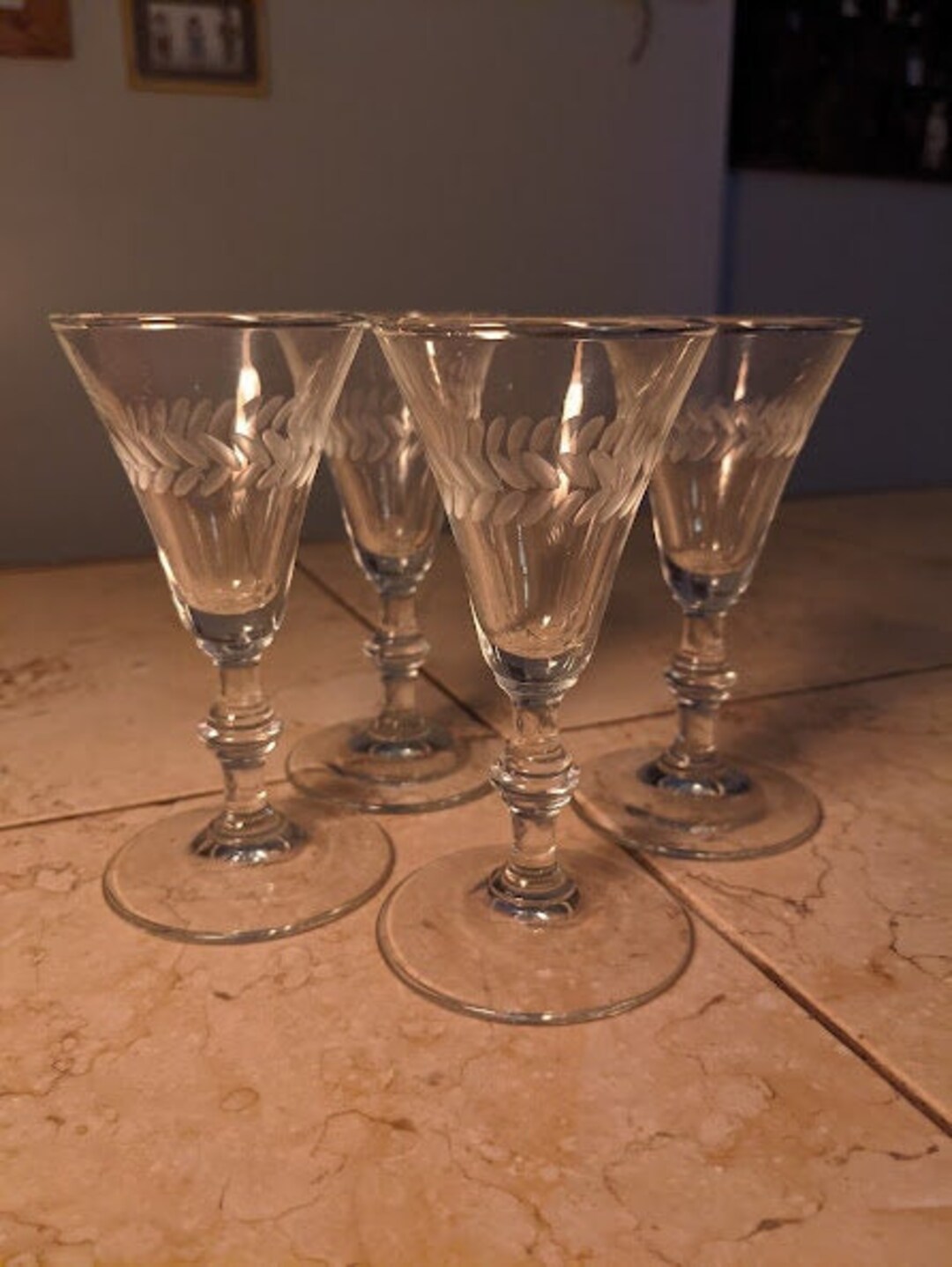 Aperitif Glasses, Set of Four Vintage / Antique Etched Glass Crystal ...