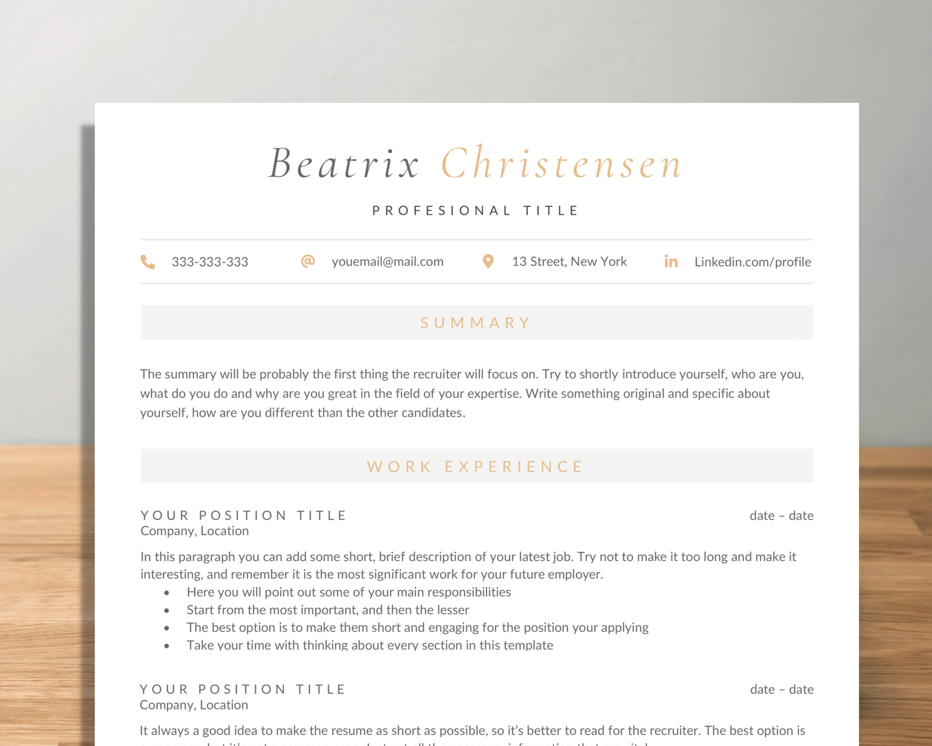 Professional Resume Template, Minimalistic Resume Template for Word and ...