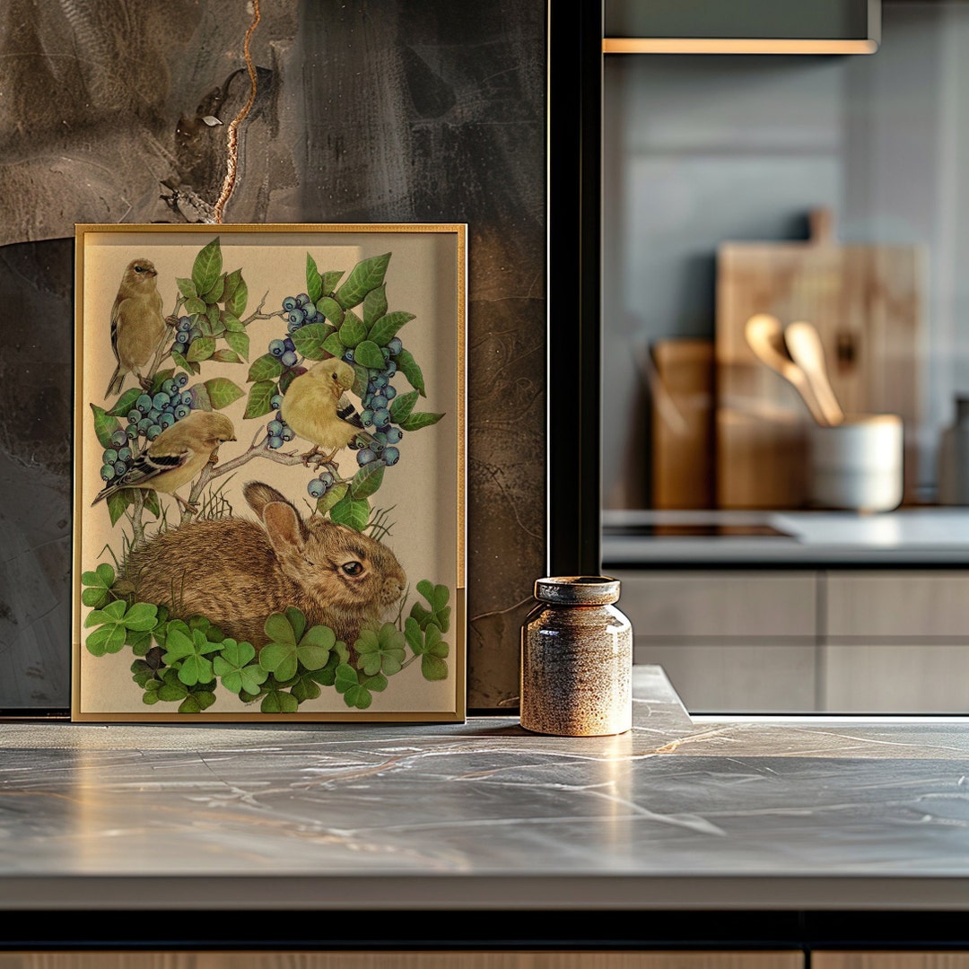 Rabbit Kitchen Wall Art Cute Animal Wall Décor Bird Artist Print Bird ...