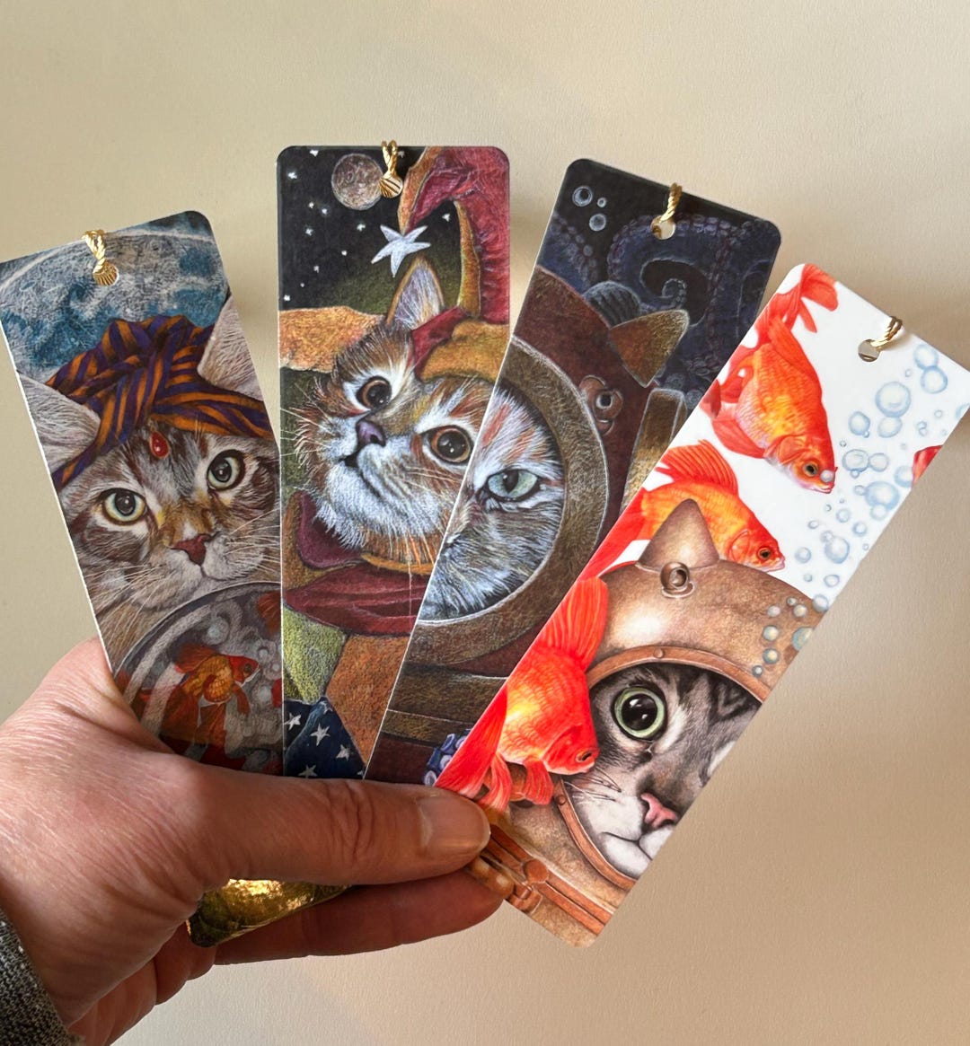 Set of 4 Cute Cat Bookmarks Scuba Cat Deep Sea Diver Cat Fortune Teller ...